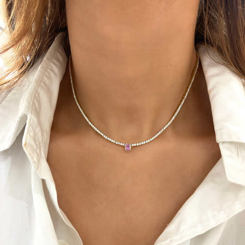 Davis Diamond Tennis Necklace with Removable Pink Sapphire Oval Lariat ...